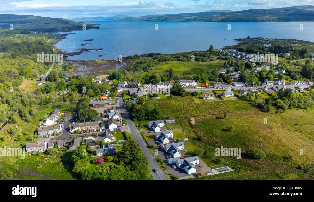 Aerial view from drone of Salen village on Isle of Mull, Argyll and ...