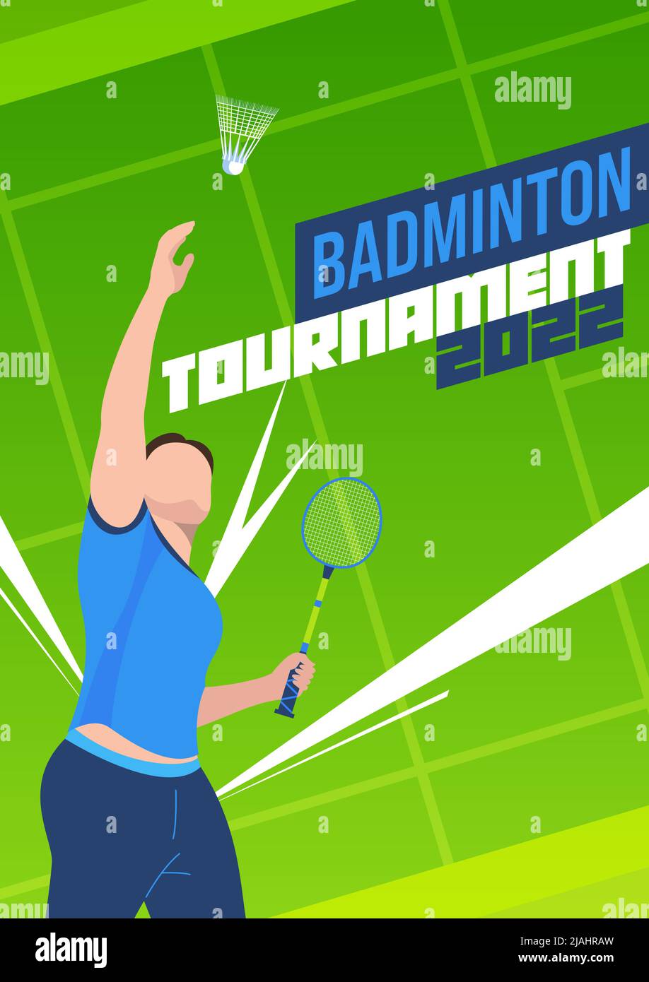 Flat vertical badminton tournament poster with male athlete holding ...
