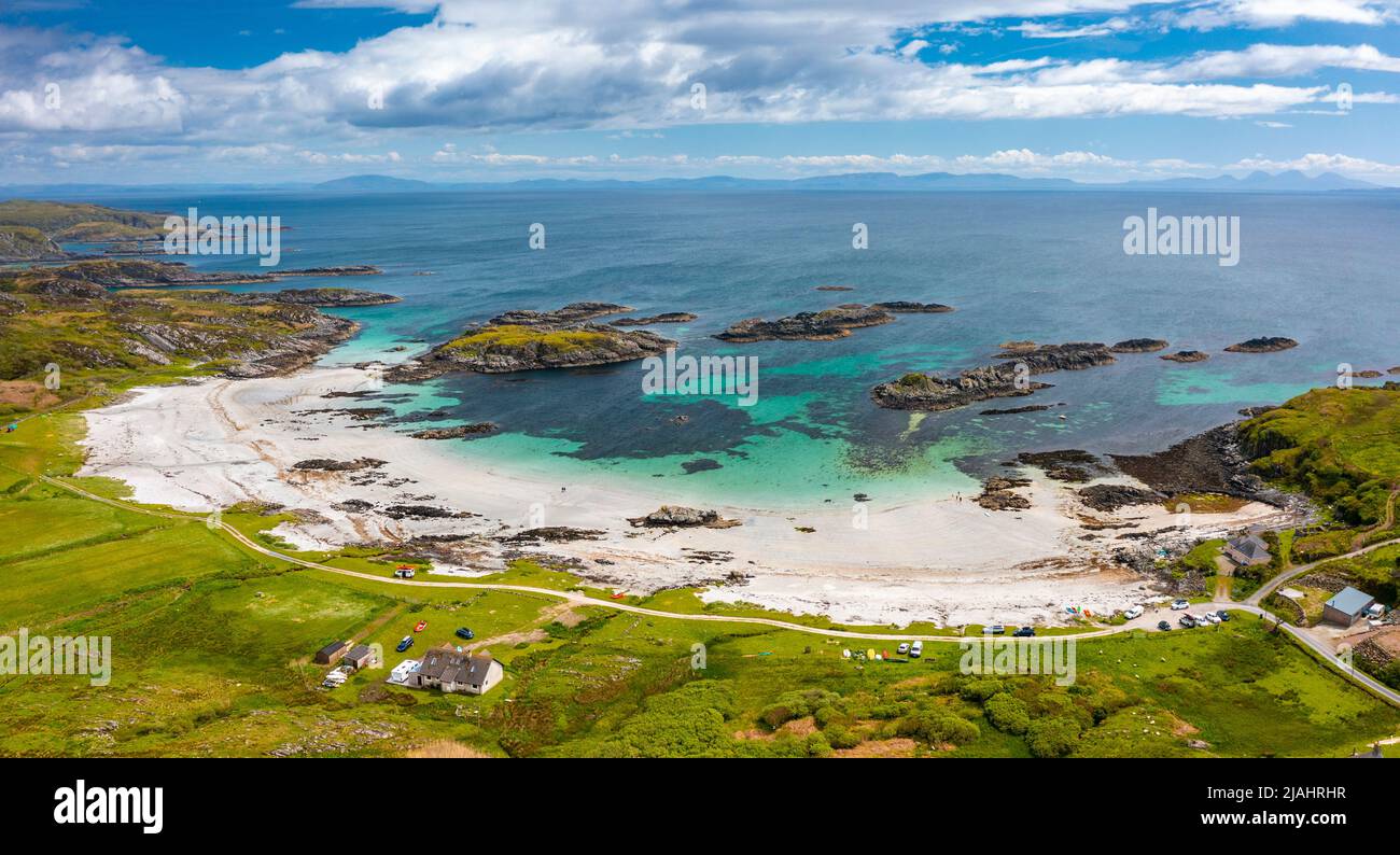 Aerial view from drone of Uisken beach on Isle of Mull, Argyll and Bute ...