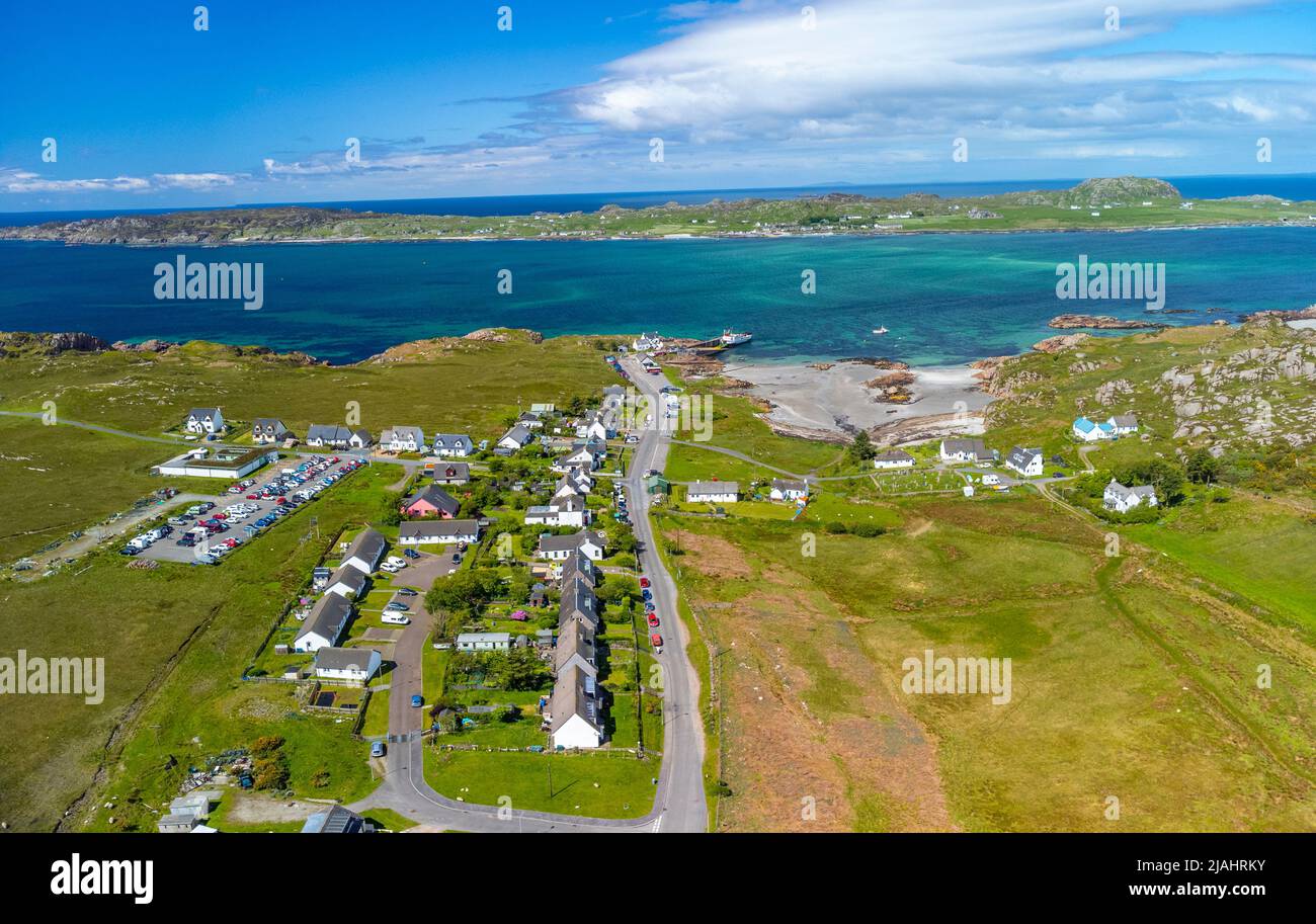 Aerial view from drone of village of Fionnphort on Isle of Mull, Argyll ...