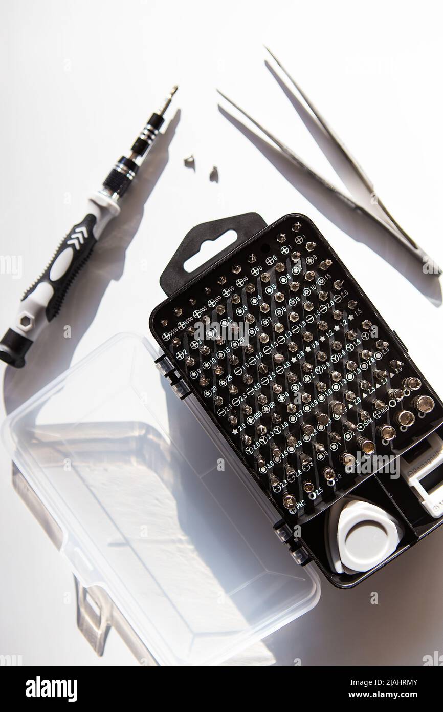 Set of screwdriver bits. Metal bits and adapters for screwdriver boxes ...
