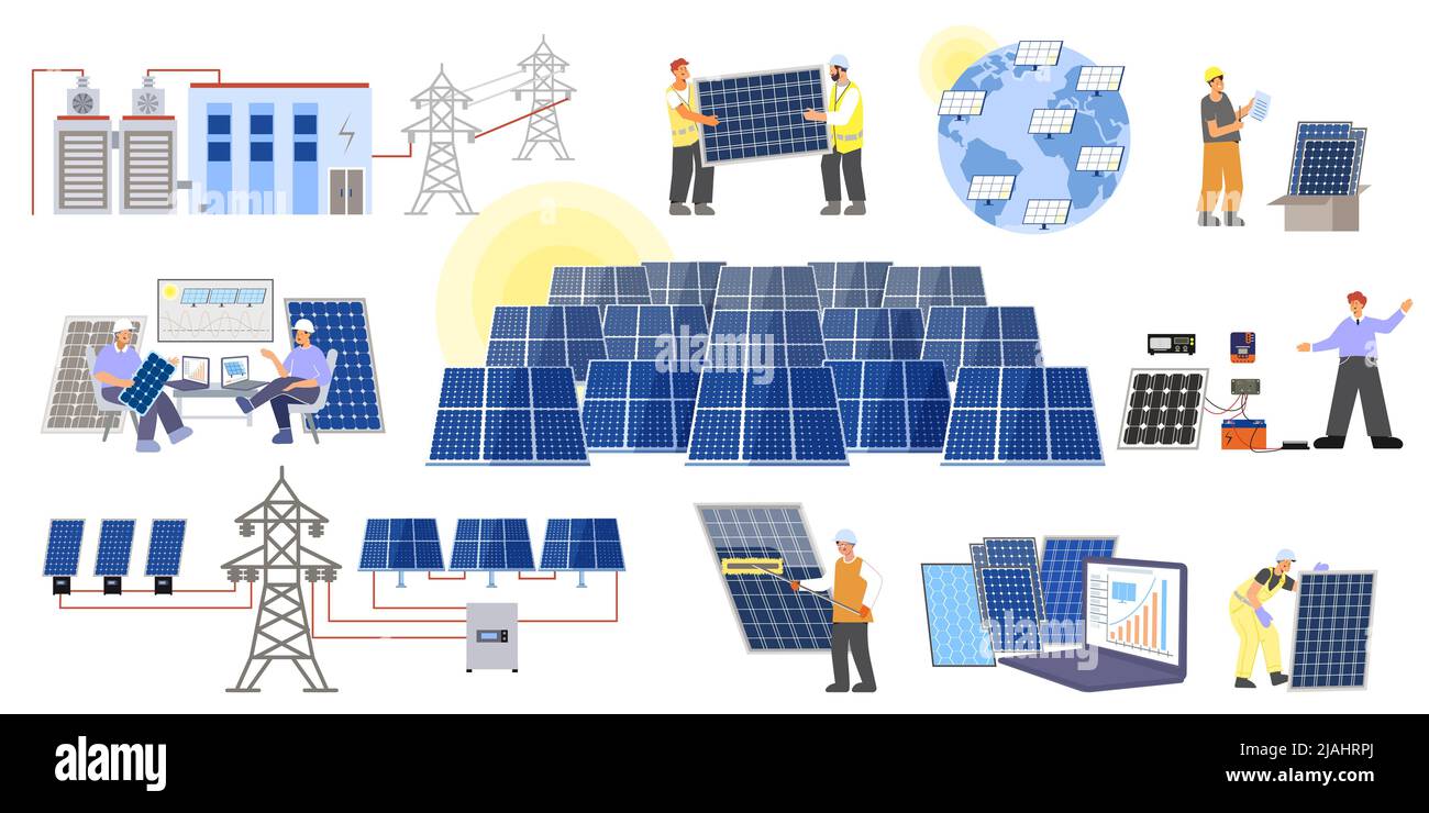 Solar plant set of isolated icons with flat images of power lines rows ...
