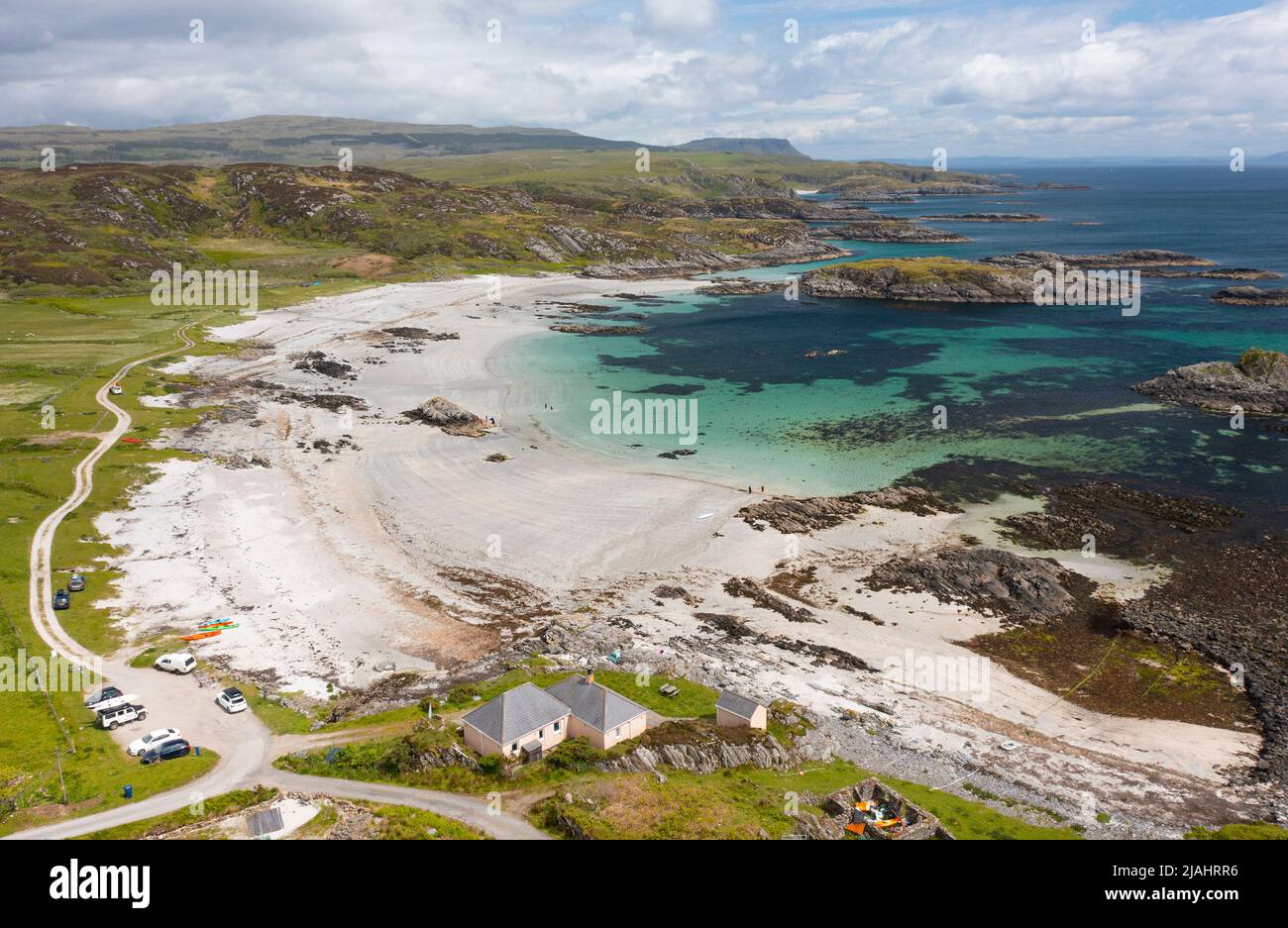 Aerial view from drone of Uisken beach on Isle of Mull, Argyll and Bute ...