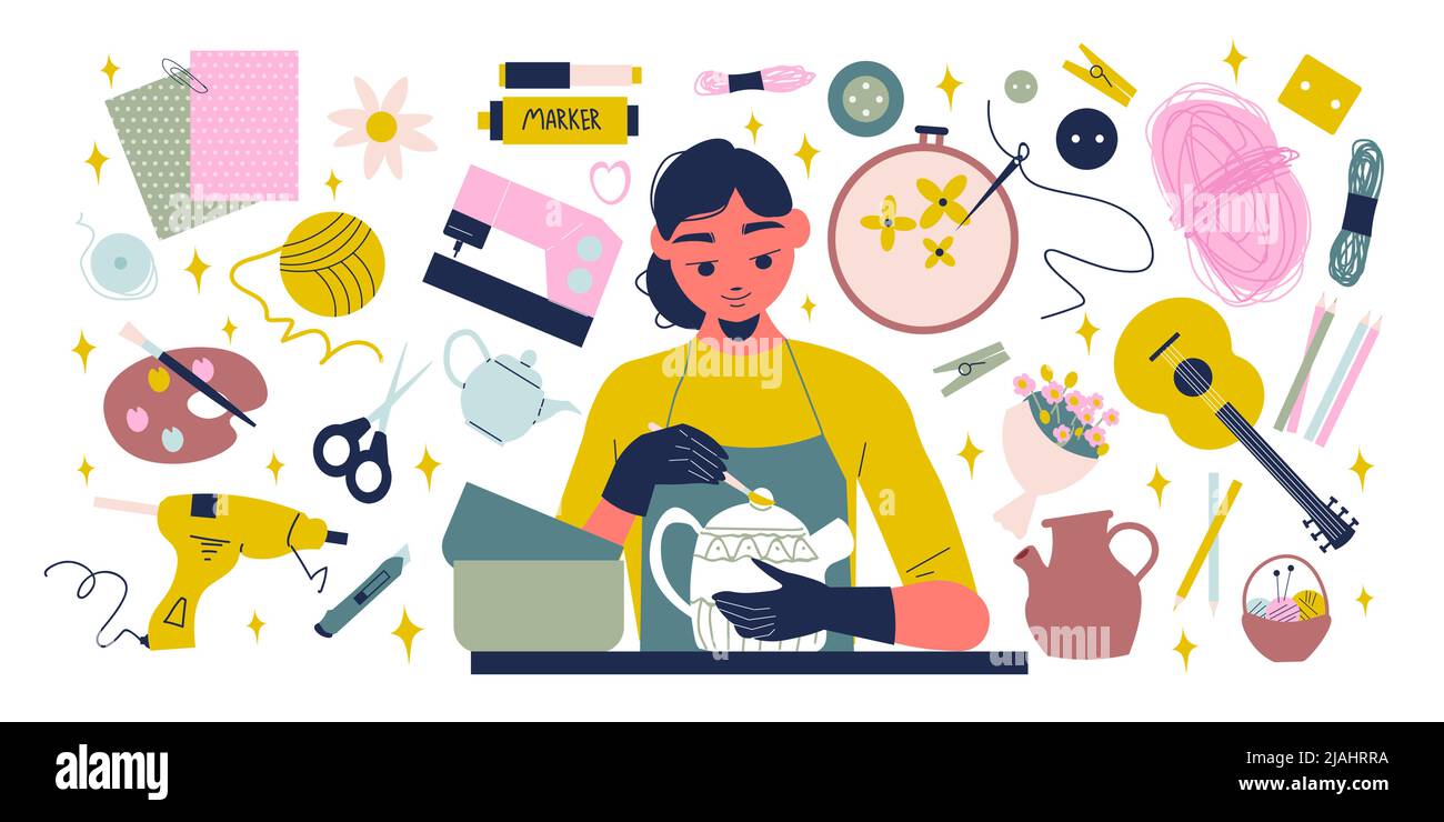 Hobby big set with art and handicraft symbols flat isolated vector ...