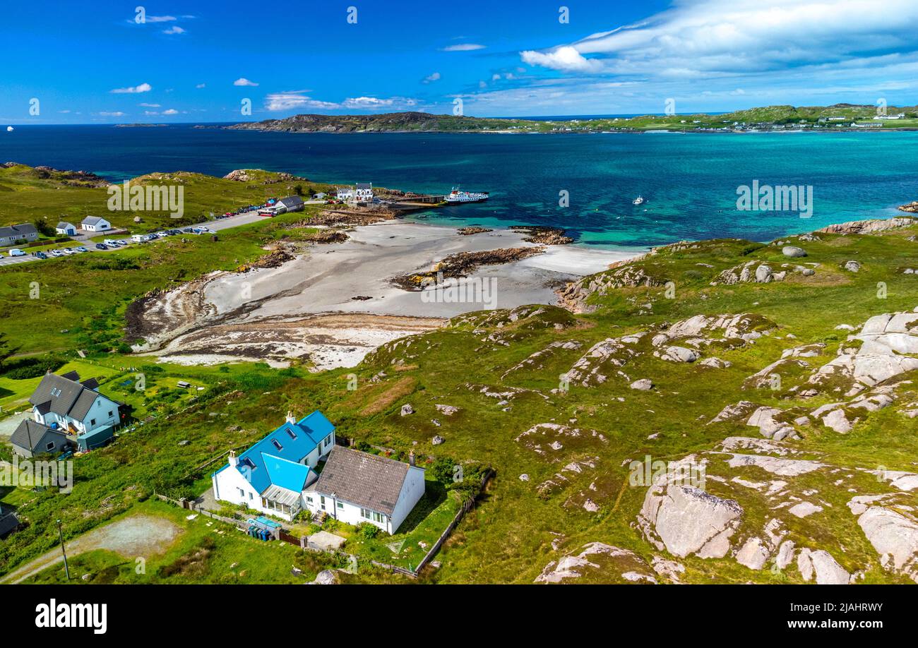 Aerial view from drone of village of Fionnphort on Isle of Mull, Argyll ...