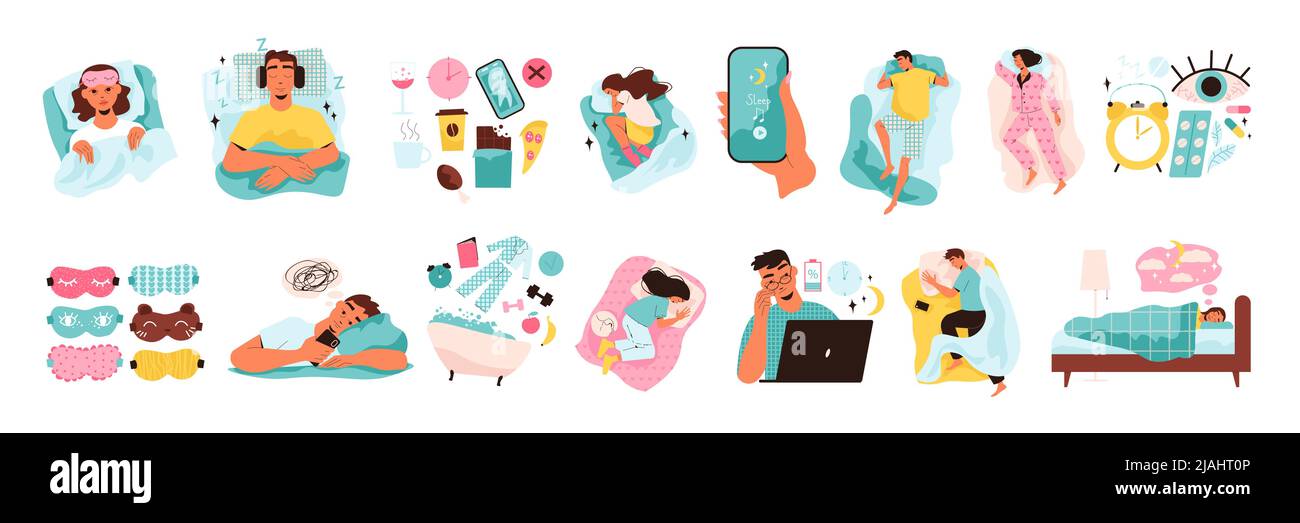 Healthy sleep and insomnia set with healthcare symbols flat isolated ...