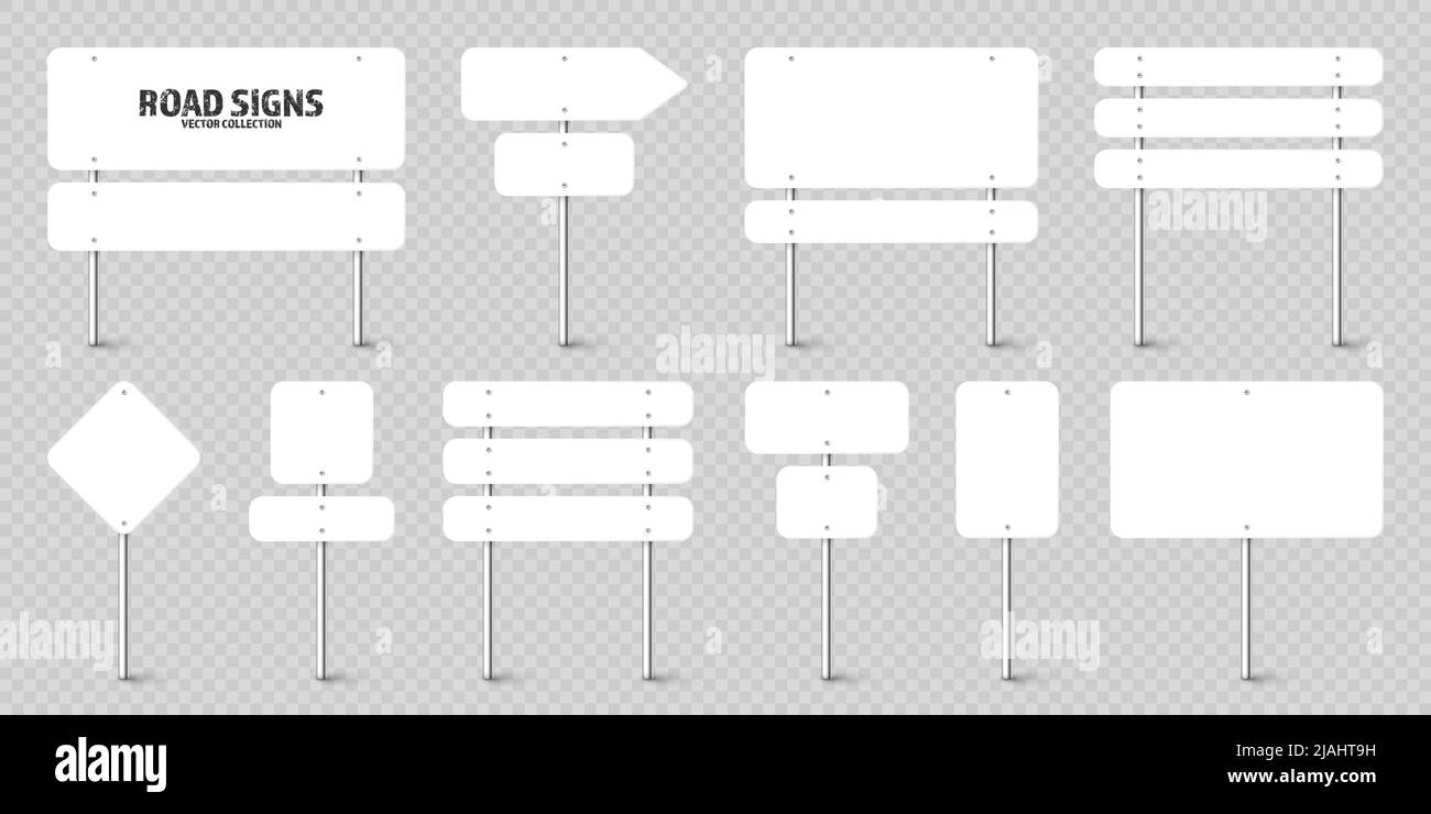 Various road, traffic signs. Highway signboard on a chrome metal pole ...