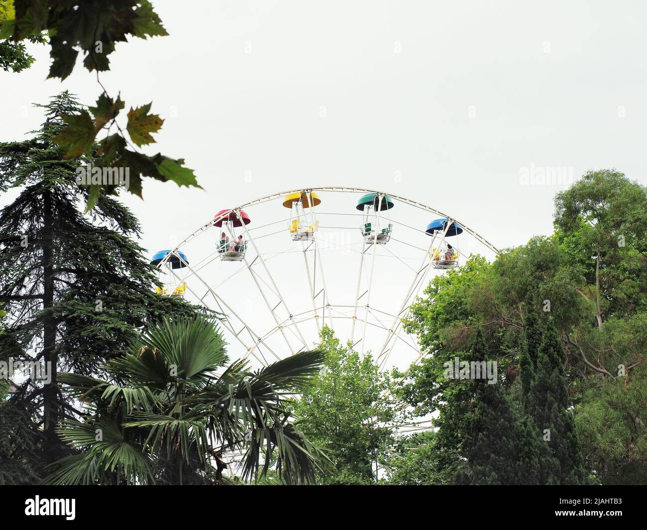 A multicolored ferris wheel with open booths is visible behind the ...