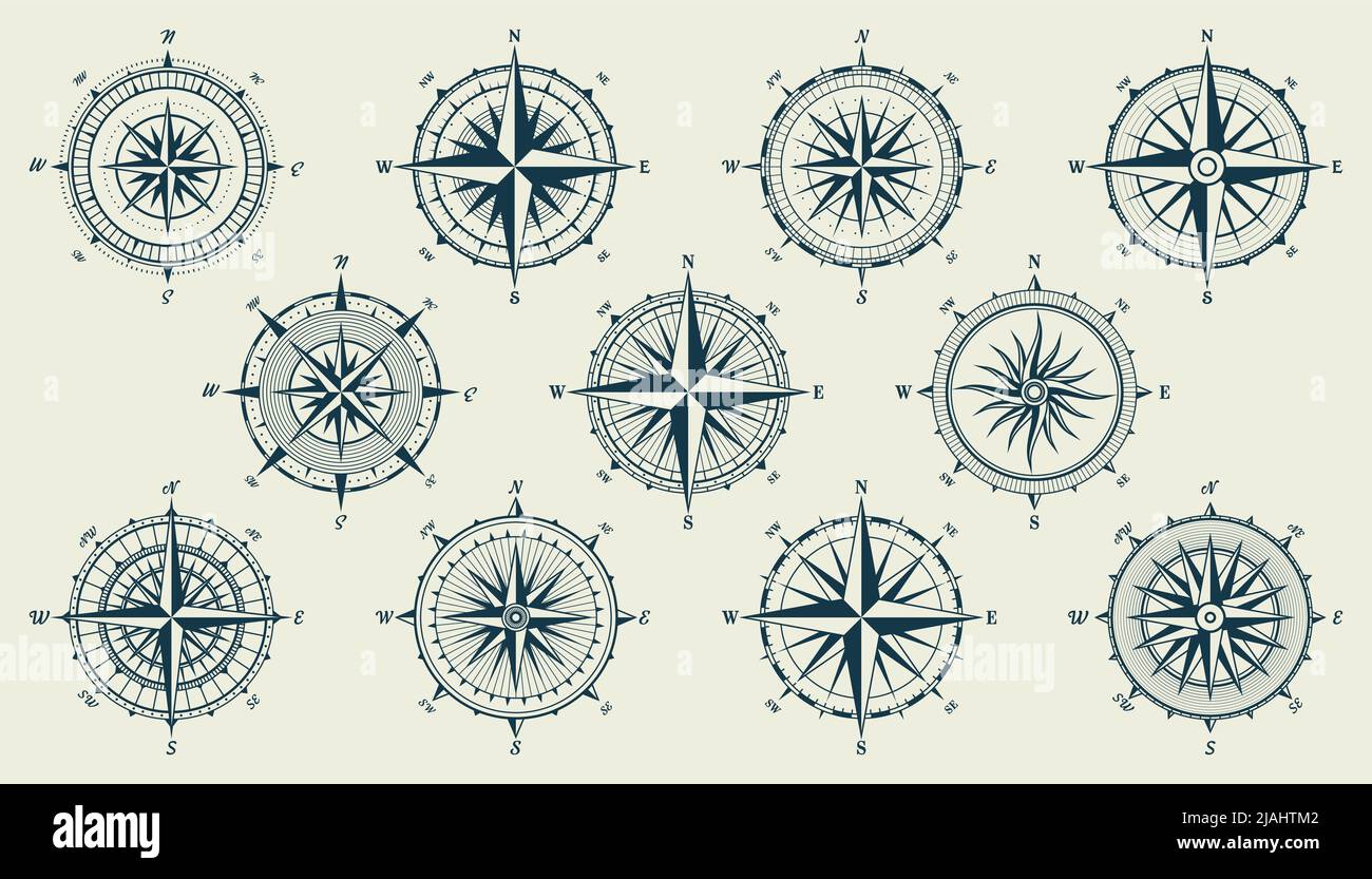 Vintage marine wind rose, nautical chart. Monochrome navigational ...