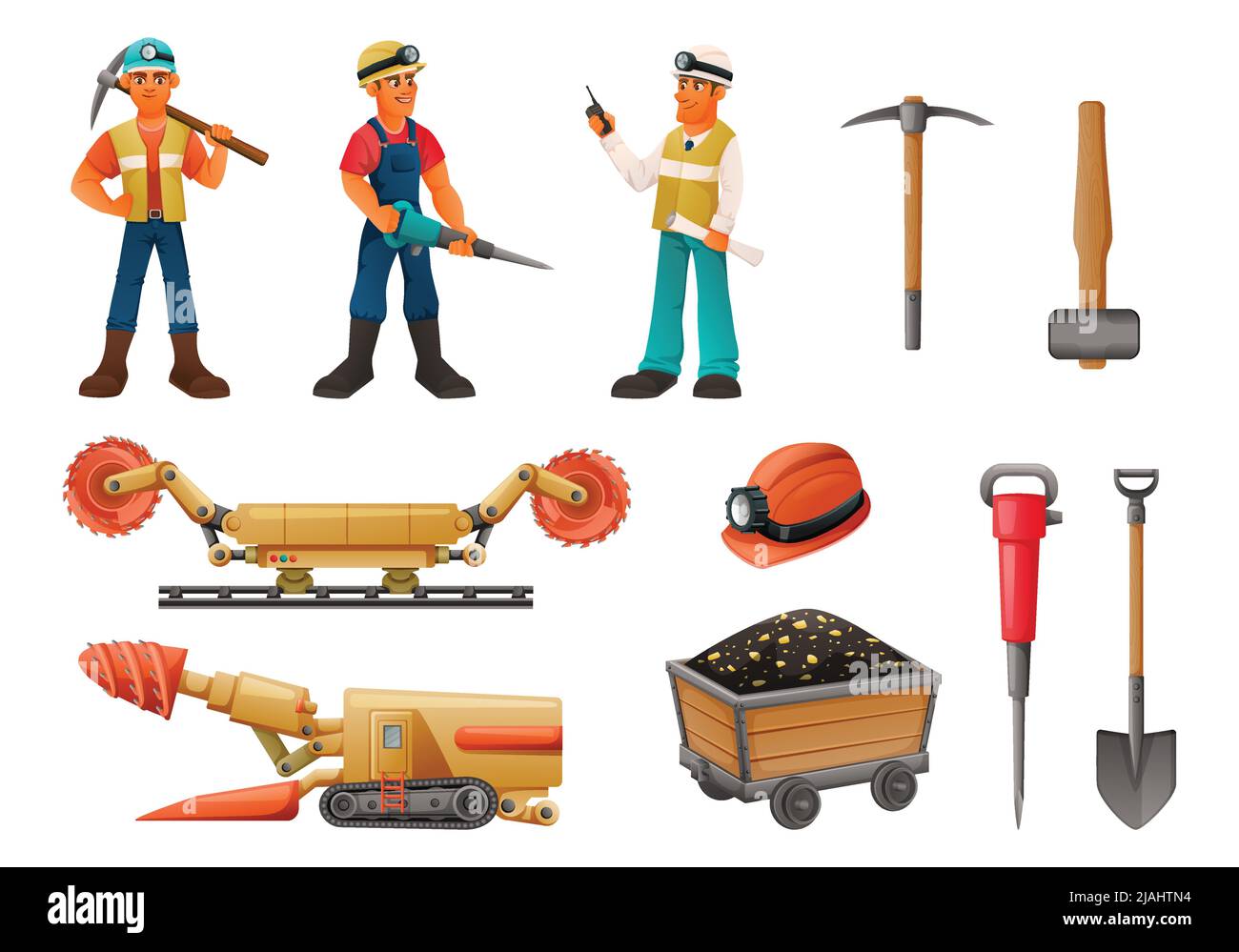 Mining miner cartoon set with isolated icons of manual instruments ...