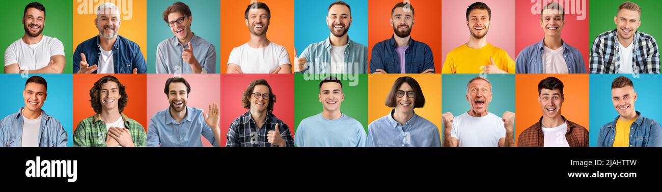Creative Collage With Diverse Happy Male Faces Over Colorful ...