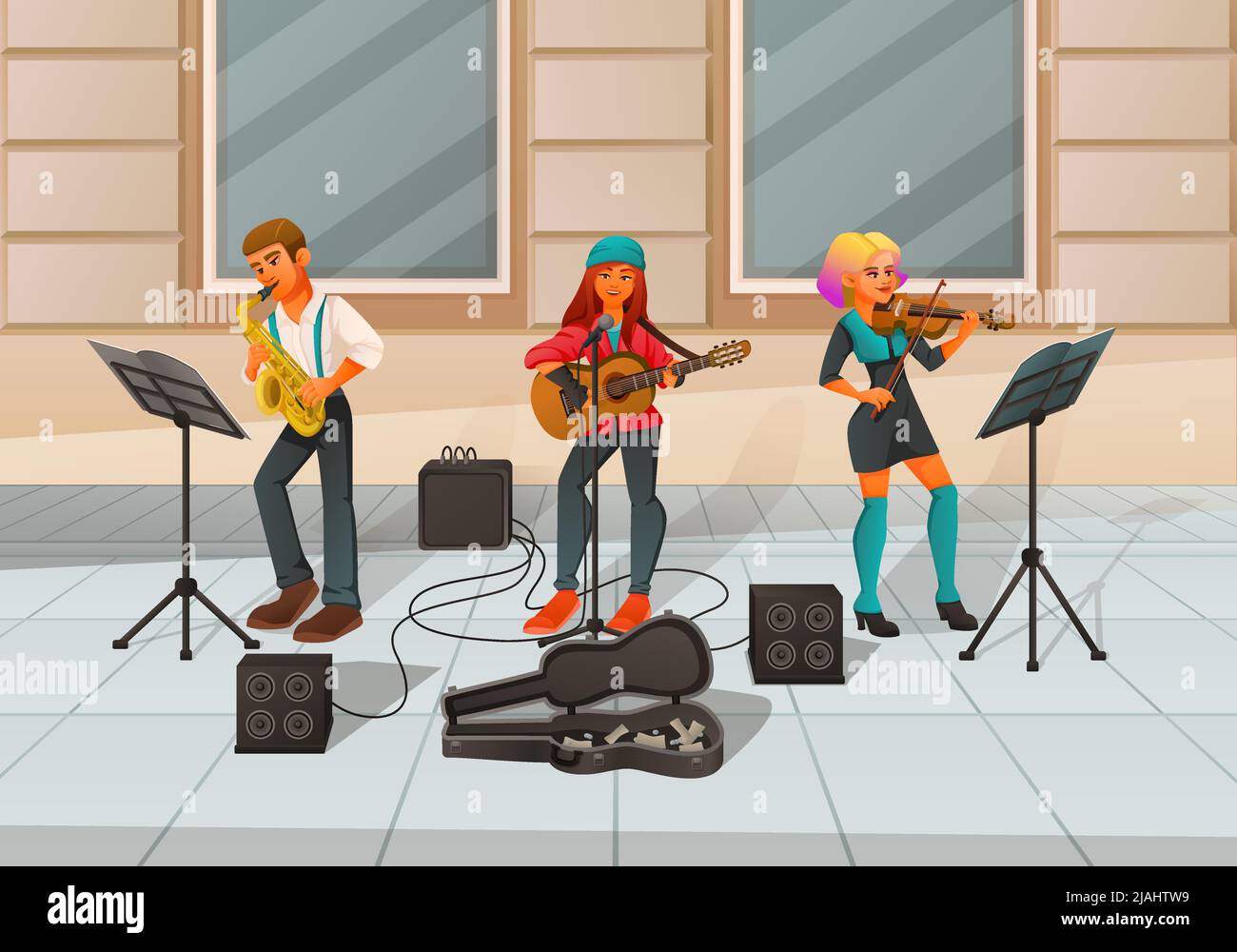 Street performer artist musician dancer cartoon composition with street ...