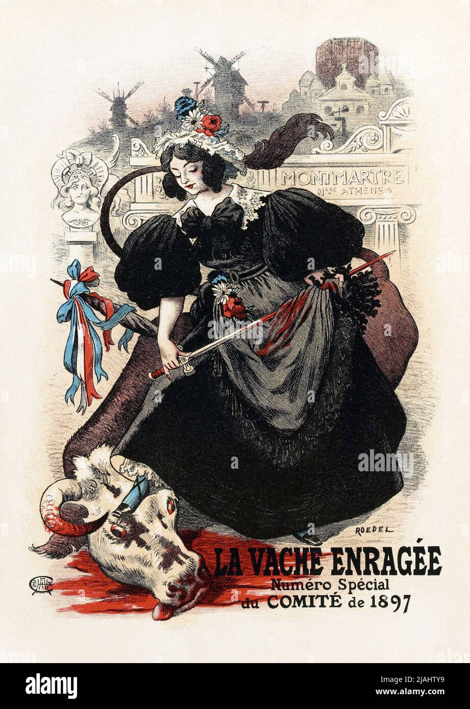 French vintage poster shows a woman wearing a black dress holding a ...