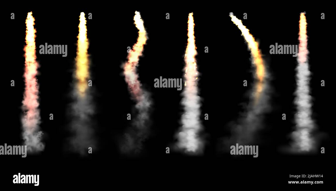 Realistic space rocket launch trails on black background. Fire burst ...
