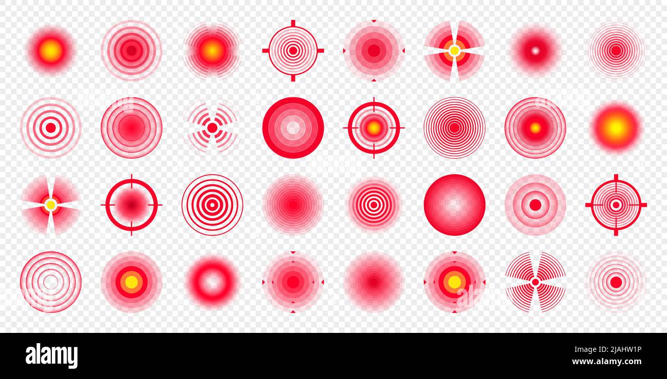 Pain localization marks. Painful area, aching spot. Red circles ...