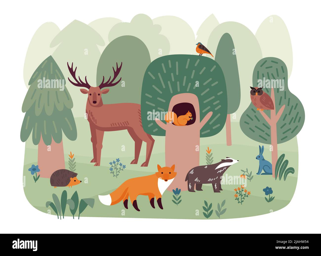 Forest animals composition with outdoor scenery trees covered with fog ...