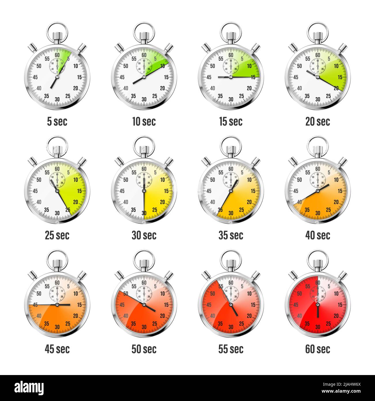 Realistic classic stopwatch icons. Shiny metal chronometer, time ...