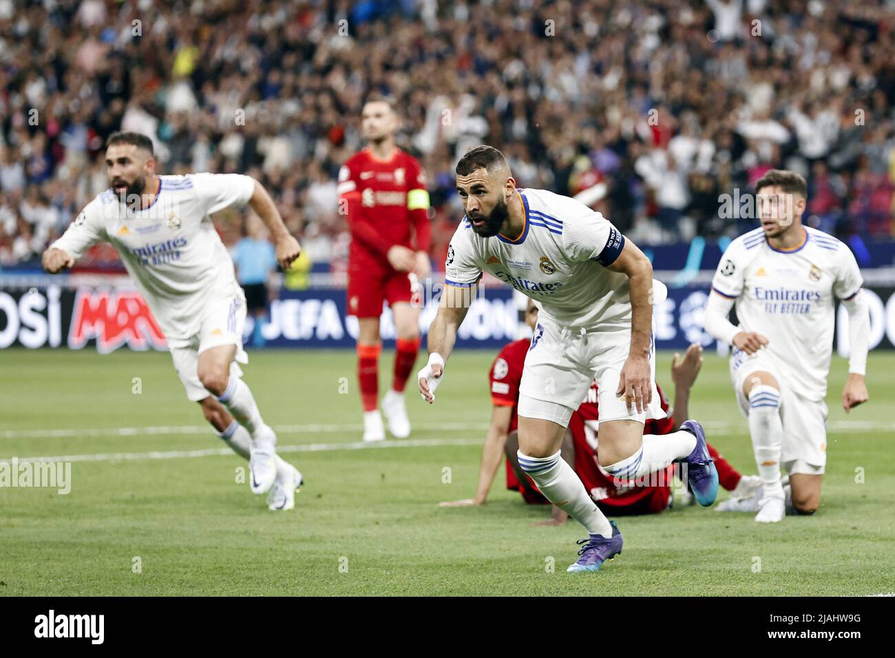 PARIS - (LR) Daniel Carvajal of Real Madrid, Karim Benzema of Real ...