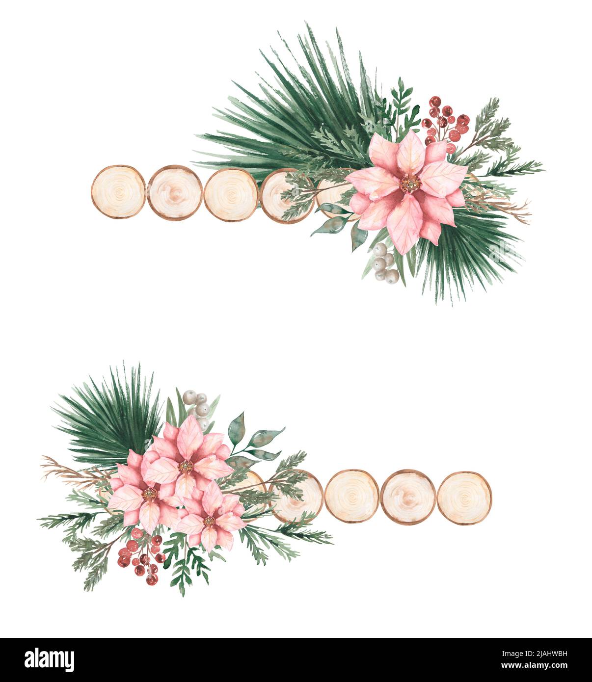 Watercolor Christmas tree frame with Poinsettia flowers and wooden ...