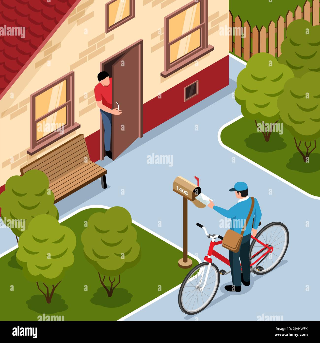 Postman isometric background with postal worker in uniform delivering ...