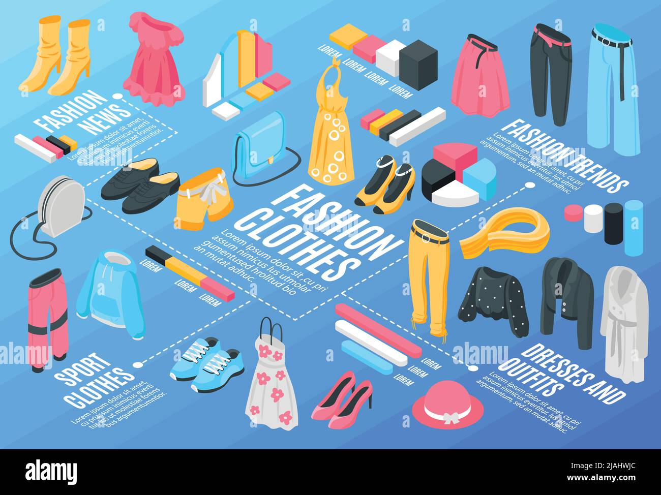 Horizontal isometric fashion clothes flowchart with trendy female ...