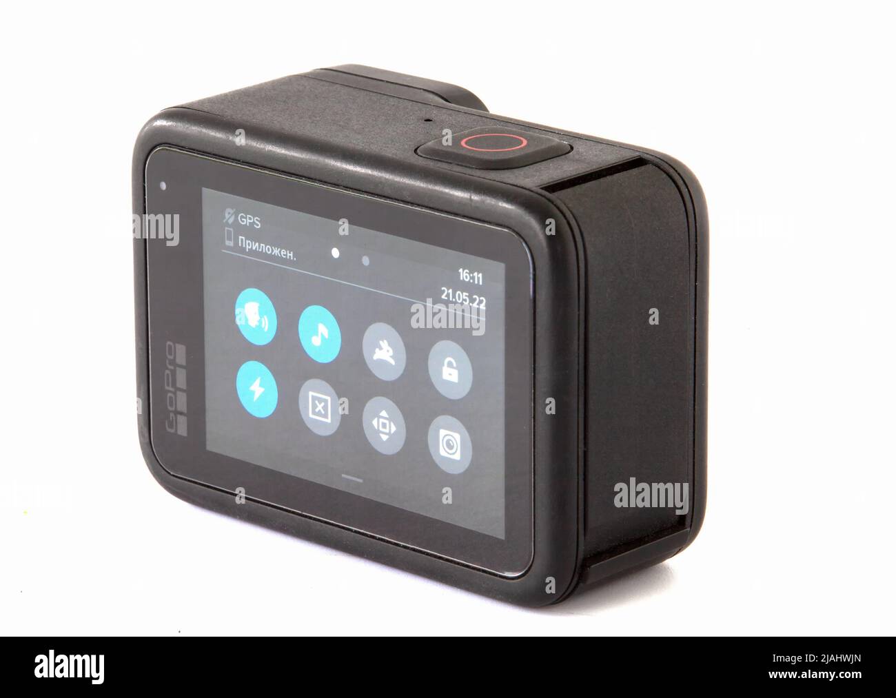 Gopro hero 10, action camera isolated on white background, home screen ...