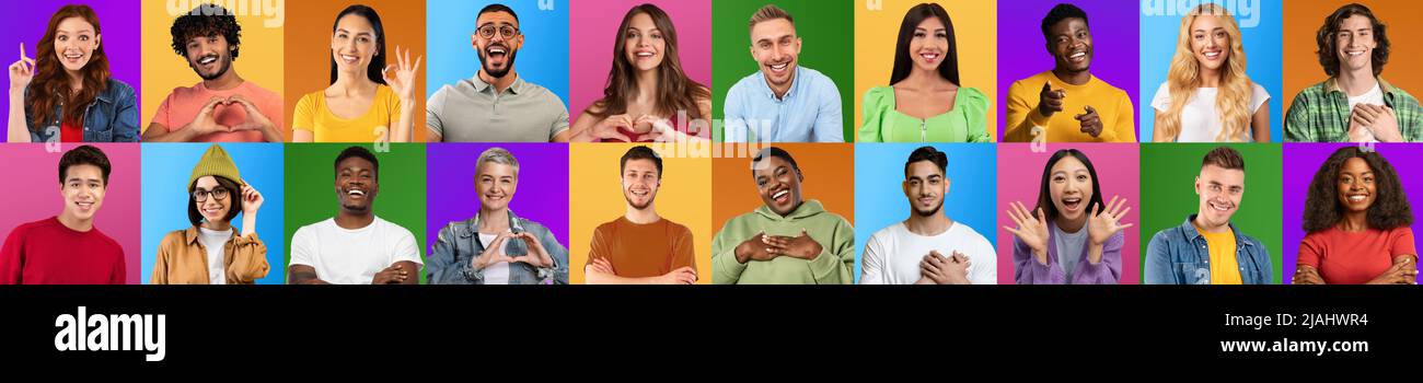 Social Diversity. Portraits Of Happy Men And Women Posing On Bright ...