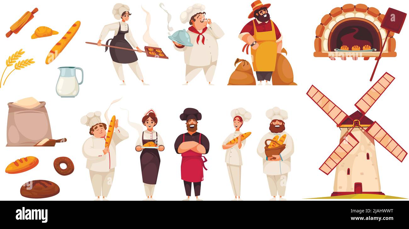 Miller baker set of isolated icons with human characters images of ...