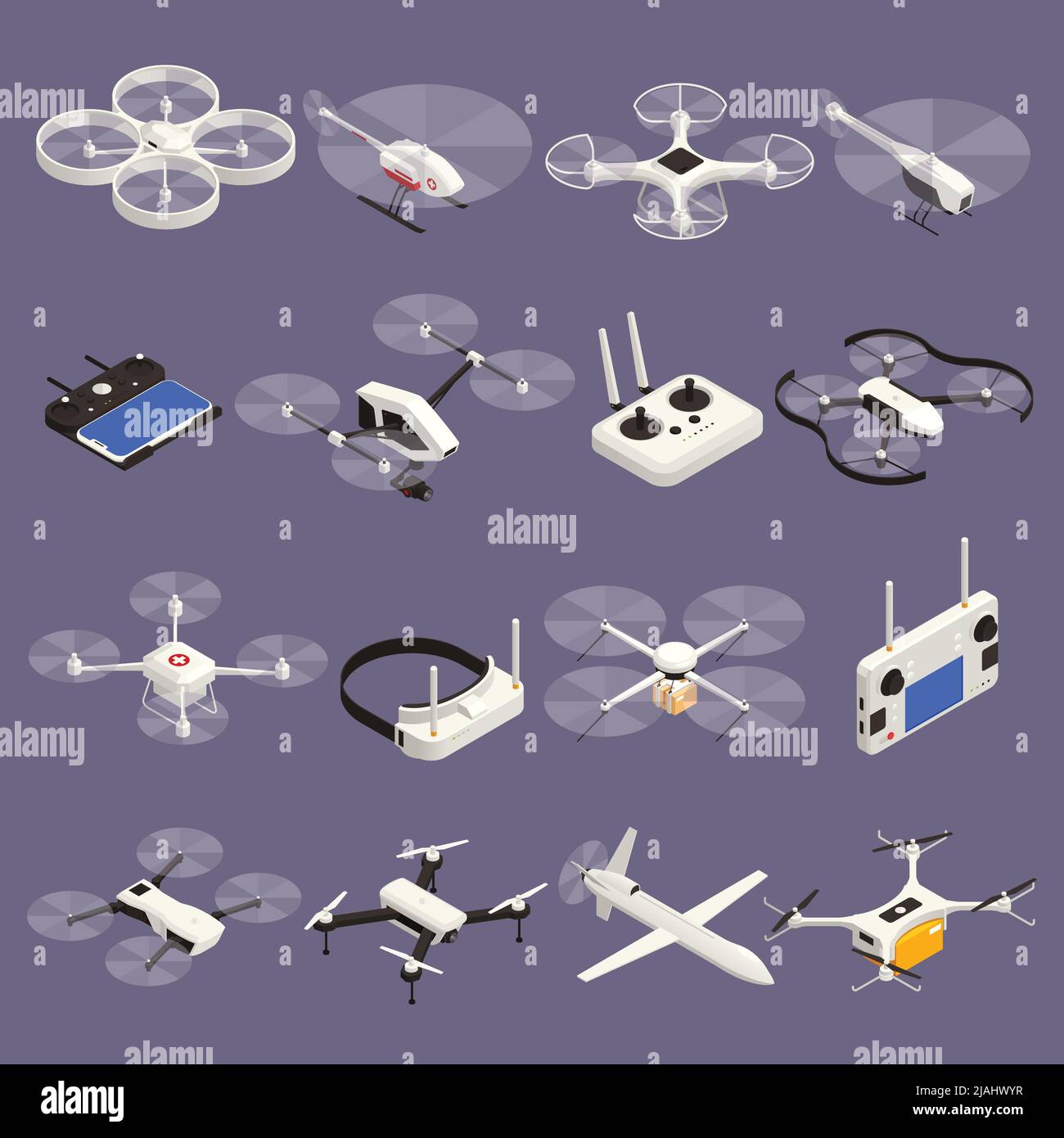 Set with isolated drones isometric icons and images of remotes and ...