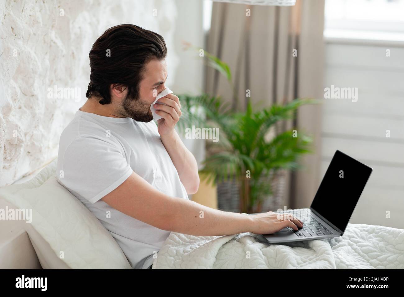 Sick man laying in bed, sneezing and using laptop, mockup Stock Photo ...