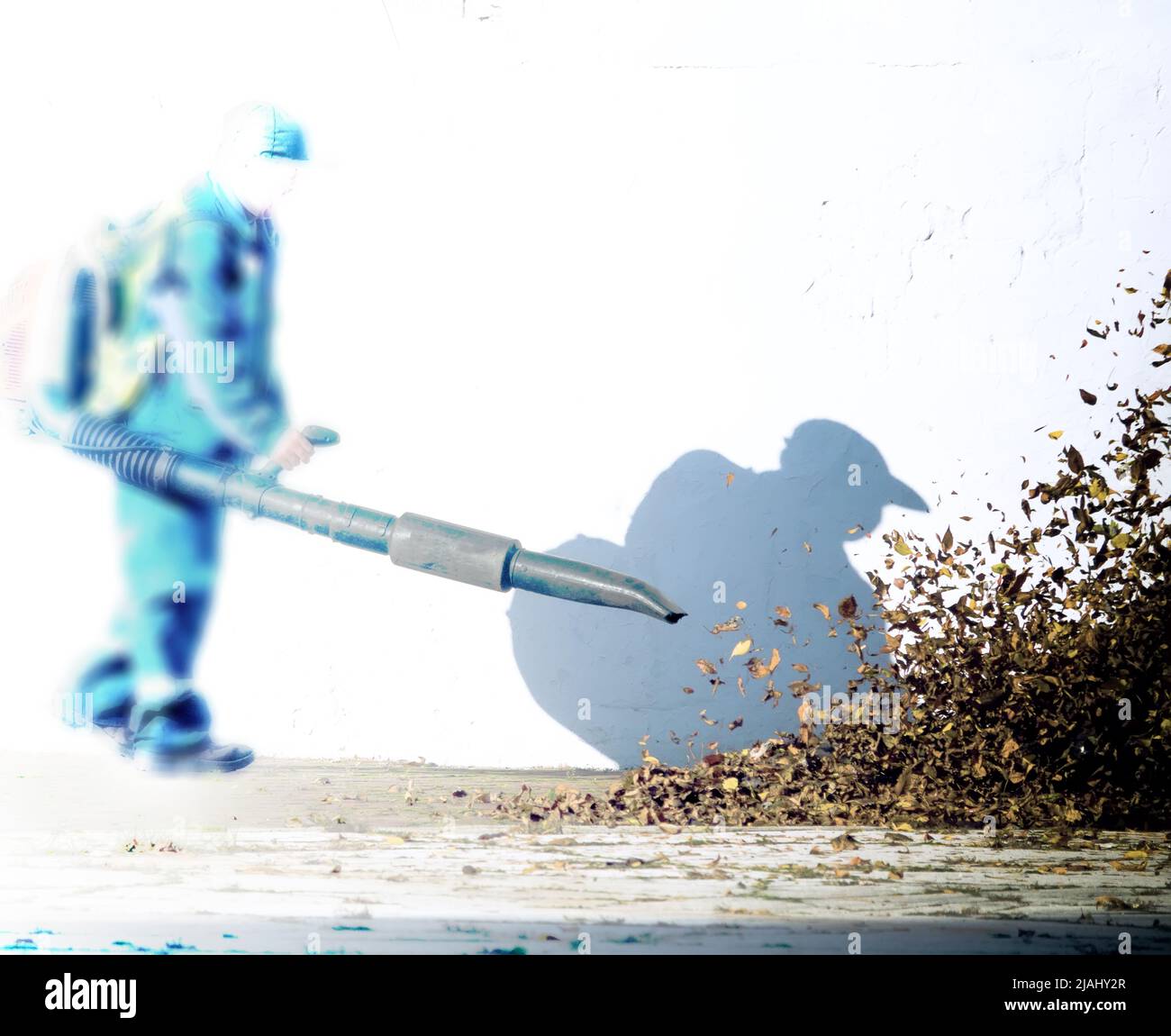 Cleaning leaves with a garden vacuum cleaner (leaf vac) at park and ...