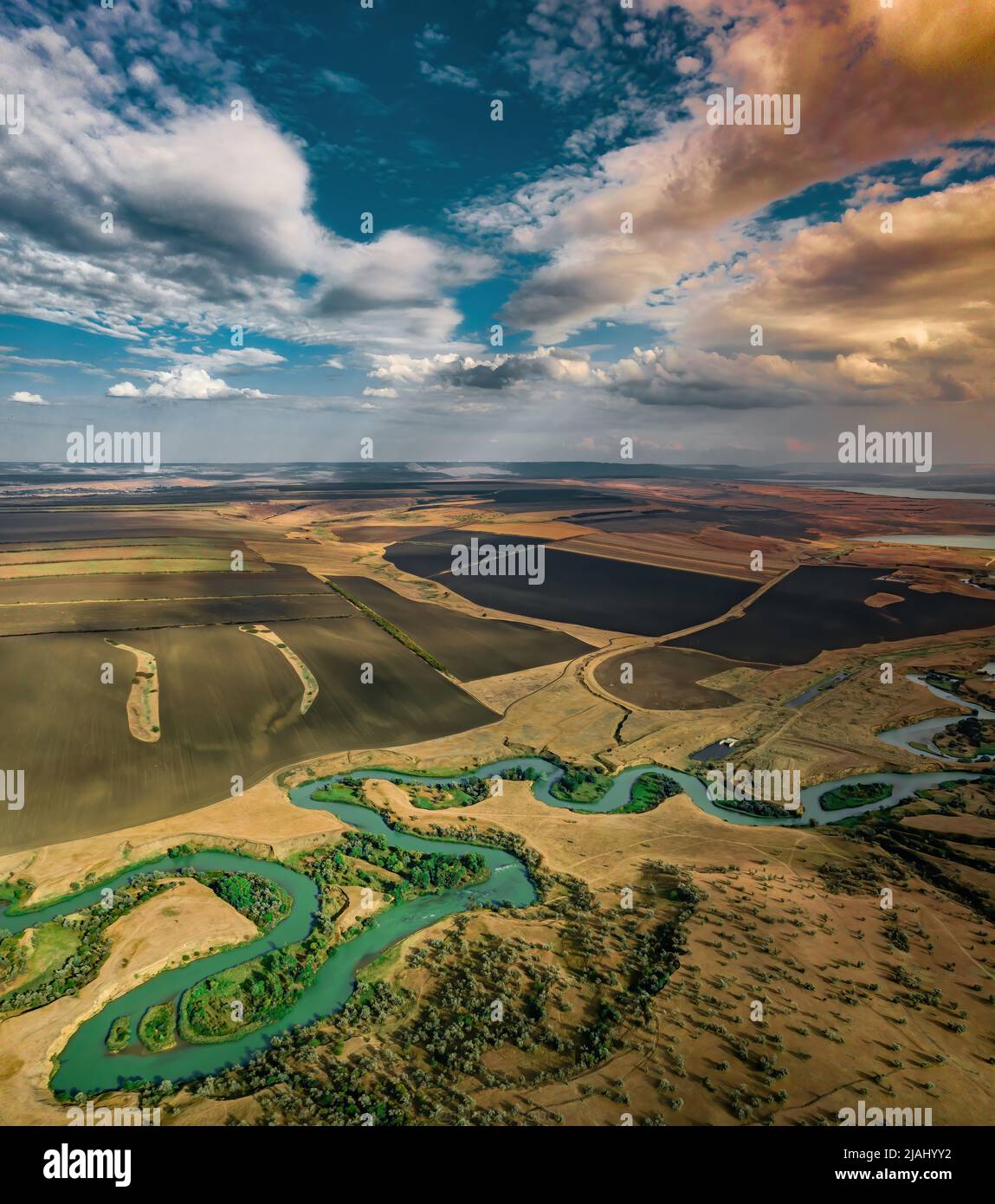 Summer scenery aerial view of winding river in beautiful valley at ...