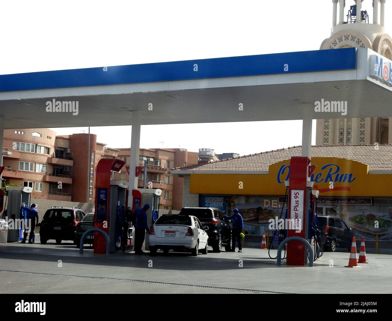 Cairo, Egypt, April 16 2022: Selective focus of Mobil gas and oil ...