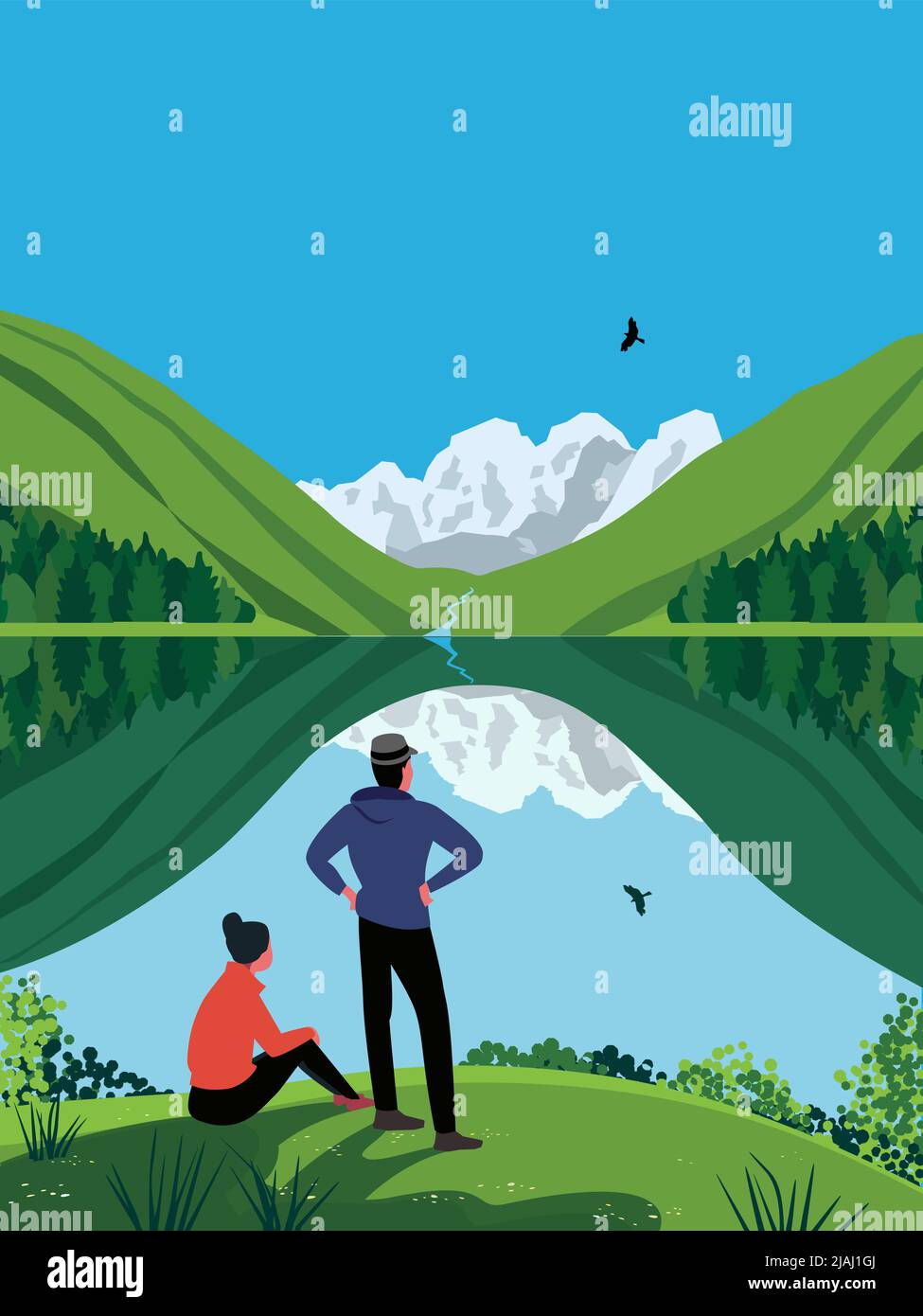 Tourist Couple enjoy Mountain Lake Landscape Vector. Tourism Travel ...