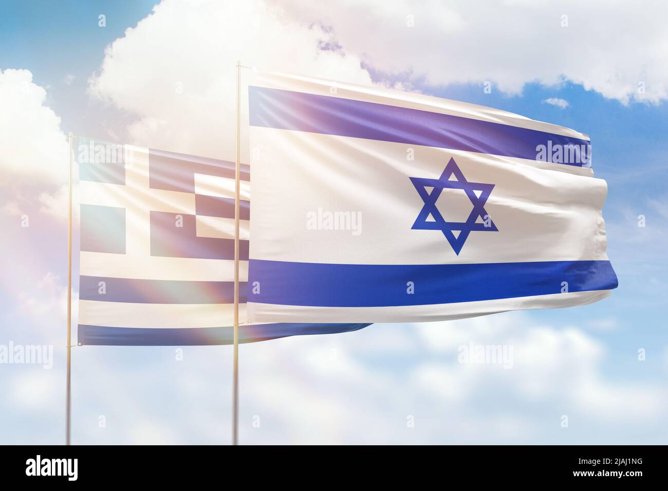 Sunny blue sky and flags of israel and greece Stock Photo - Alamy