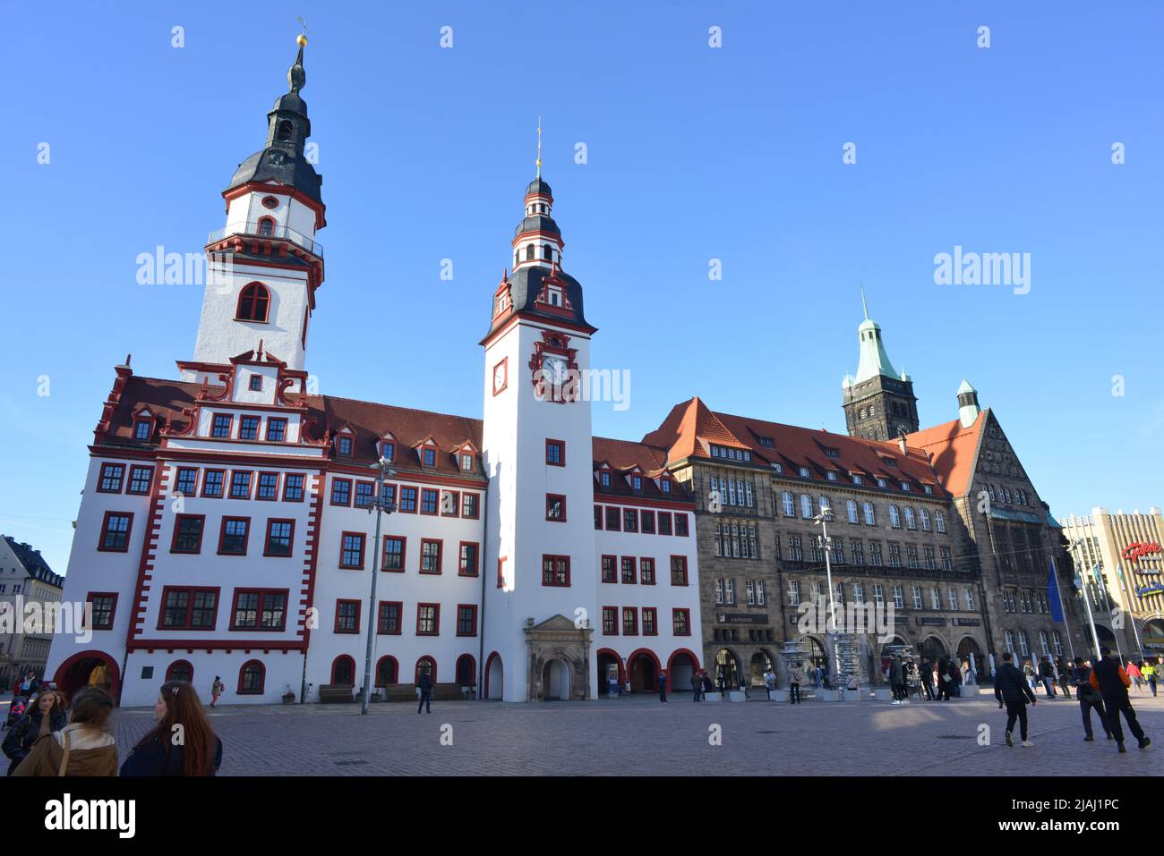 Chemnitz, Germany, old and new town hall and market square with people ...