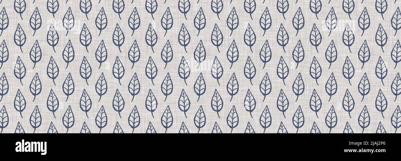 French blue botanical leaf linen seamless border with 2 tone country ...