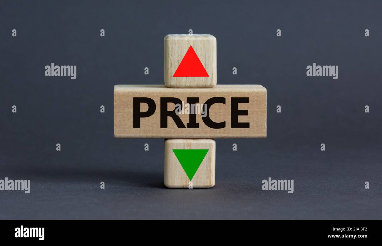 Price level symbol. A wooden cube with up icon. Wooden block with the ...