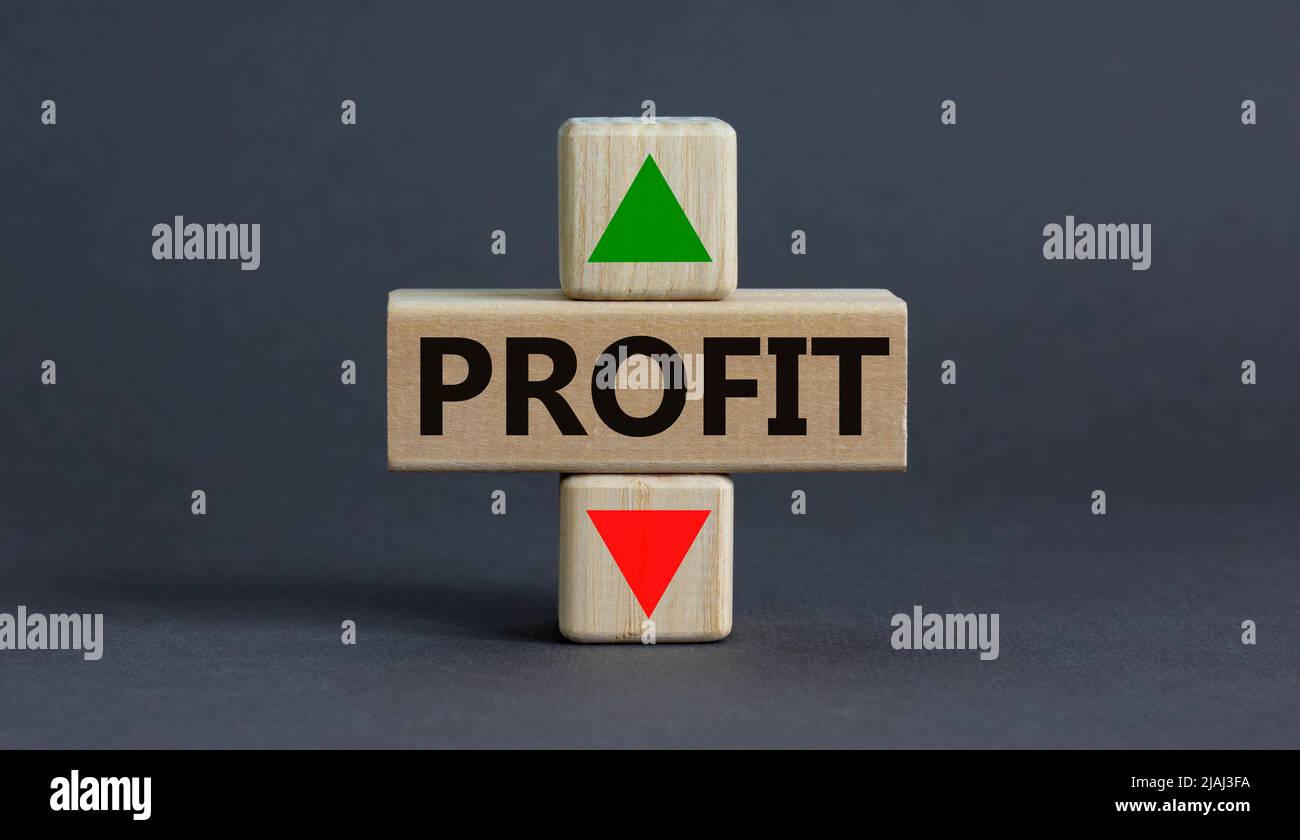 Profit level symbol. A wooden cube with up icon. Wooden block with the ...
