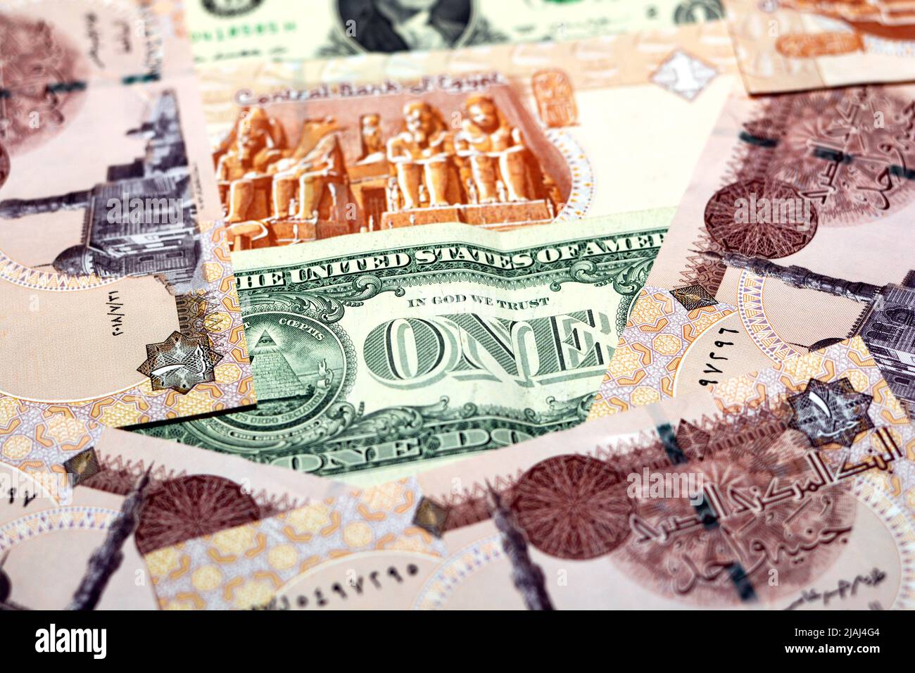 Pile of 1 LE one Egyptian pound money banknote features Abu Simbel ...