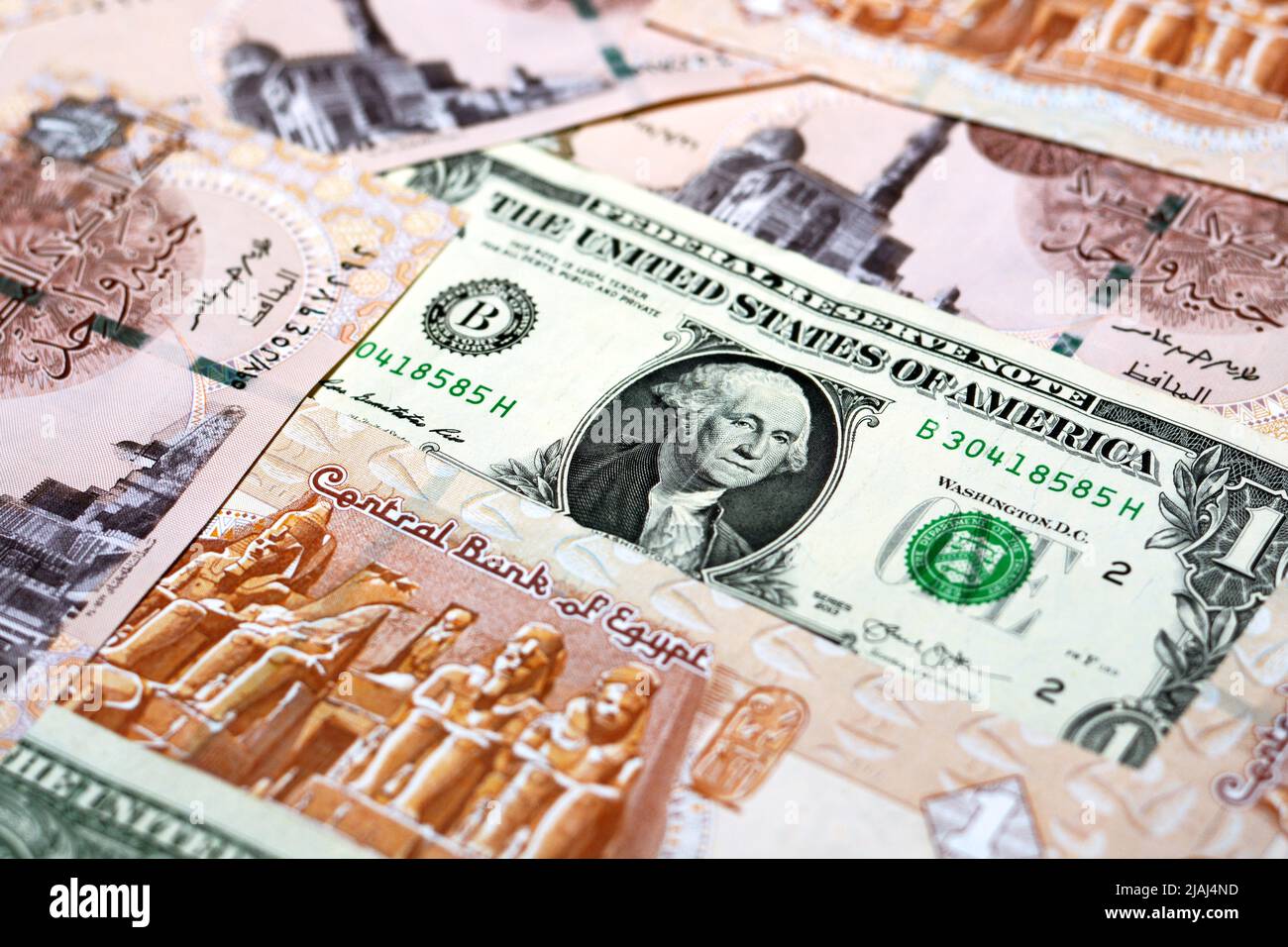 Pile of 1 LE one Egyptian pound money banknote features Abu Simbel ...