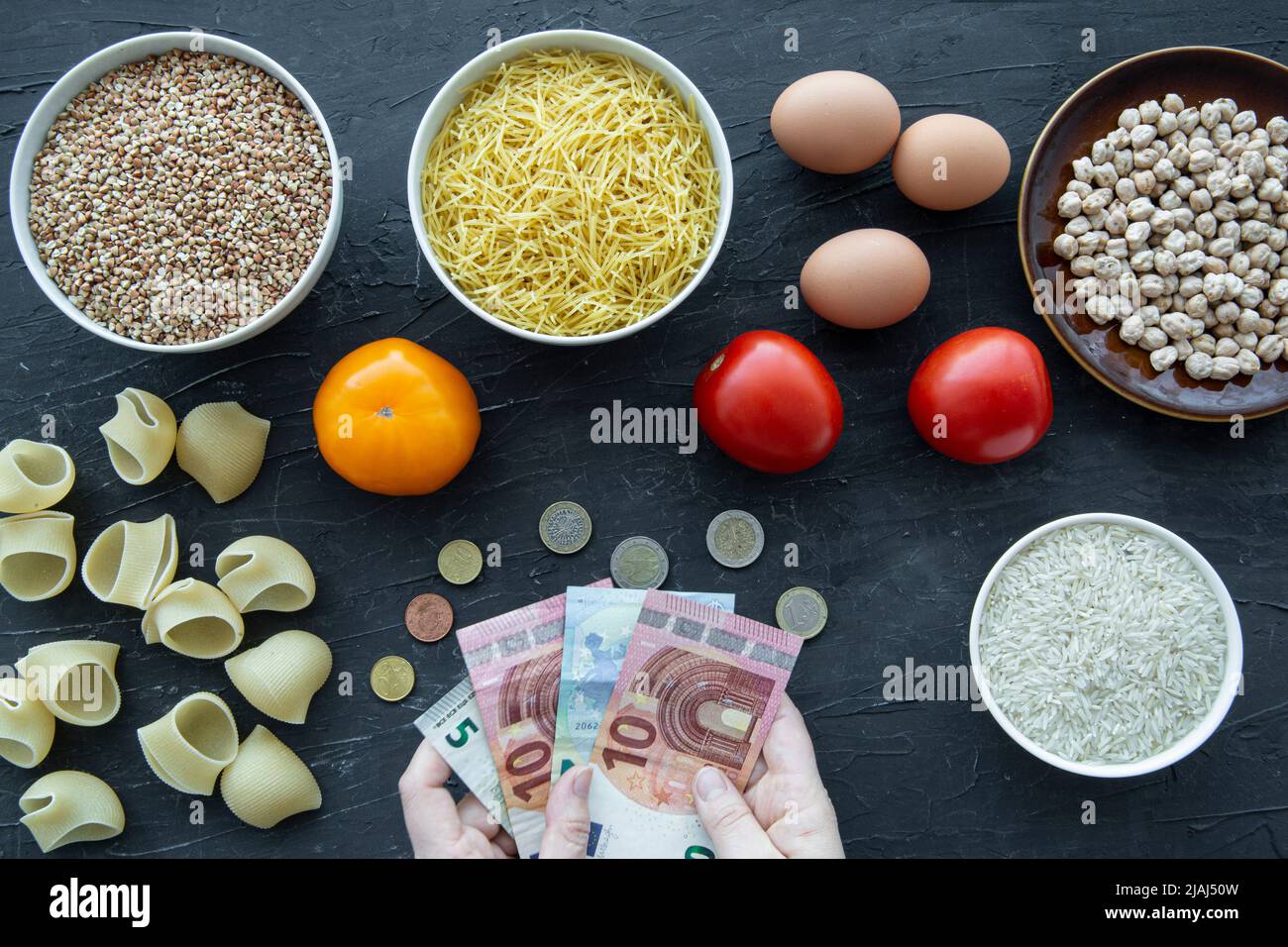 High expenses on every day food, euro banknotes, coins and products in ...