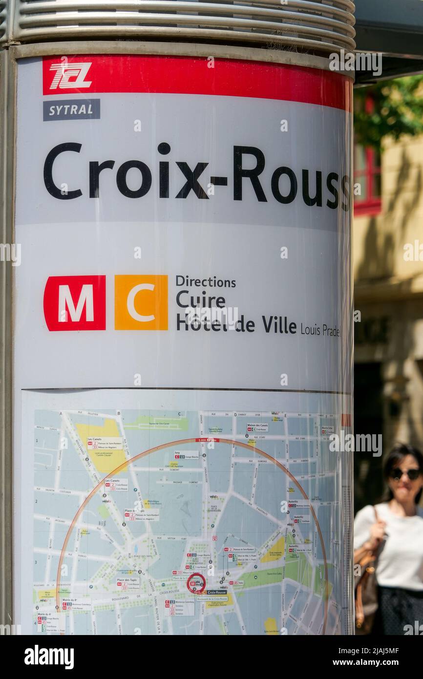 Metro sign at Croix-Rousse square, Croix-Rousse district, Lyon, Rhone ...
