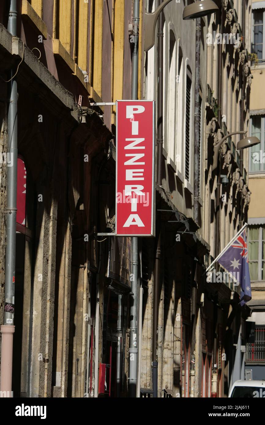 Pizzeria sign, Croix-Rousse district, Lyon, Rhone-Alps Auvergne region ...