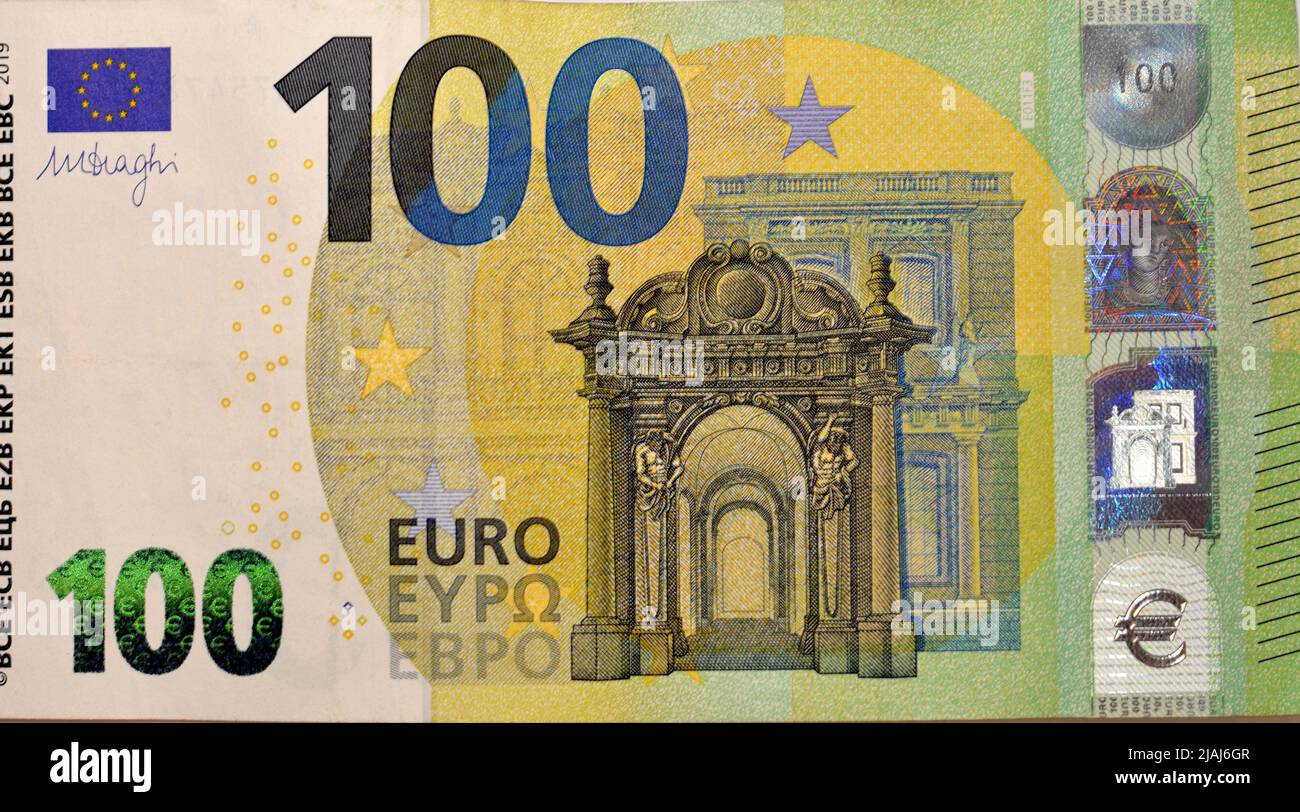 large fragment of obverse side of €100 one hundred Euro bill banknote ...