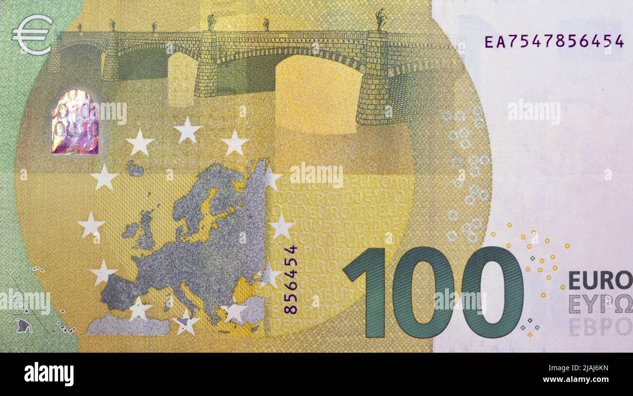 large fragment of the reverse side of €100 one hundred Euro bill ...