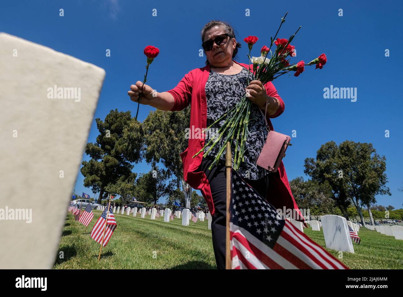 Los Angeles, California, USA. 30th May, 2022. A woman places a red rose ...