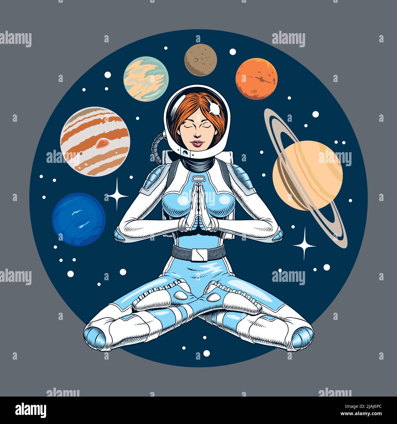 Astronaut woman meditating in the lotus pose. Solar planets and stars ...