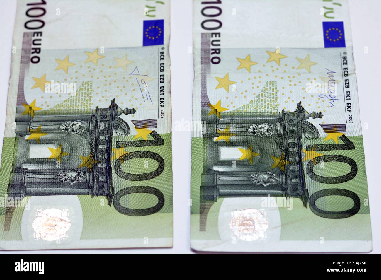 Obverse side of €100 one hundred Euro bill banknotes, currency of the ...