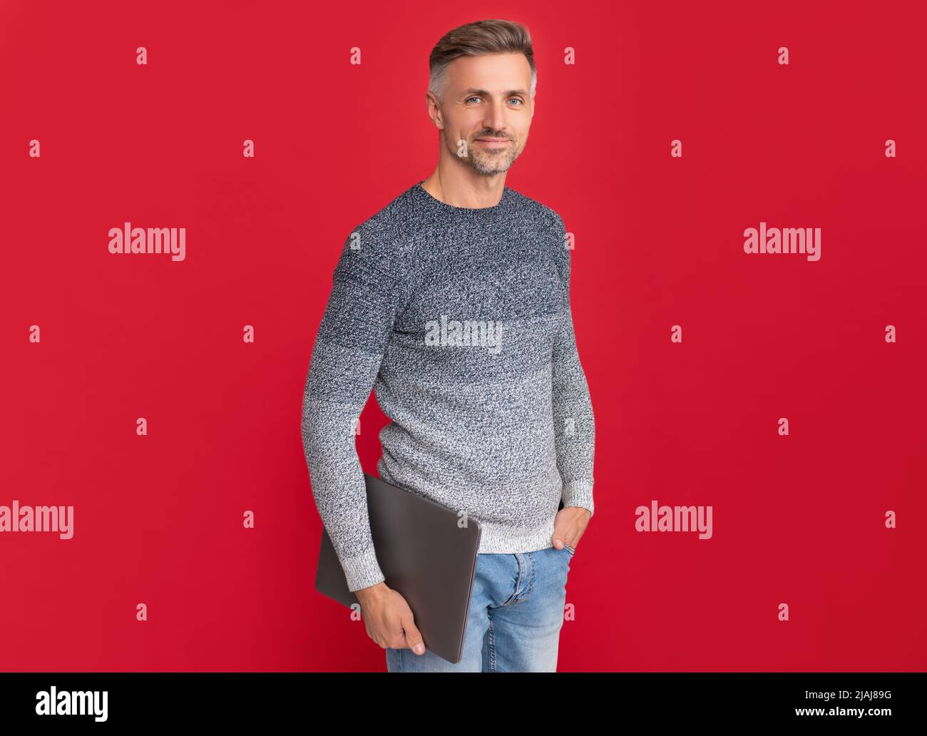 computer communication. modern technology. freelancer. smiling grizzled ...